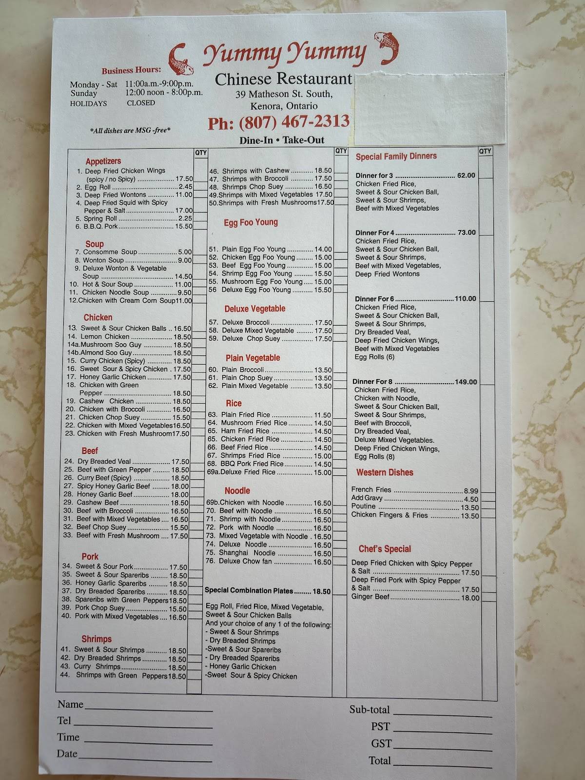 Menu at Yummy Yummy restaurant, Kenora