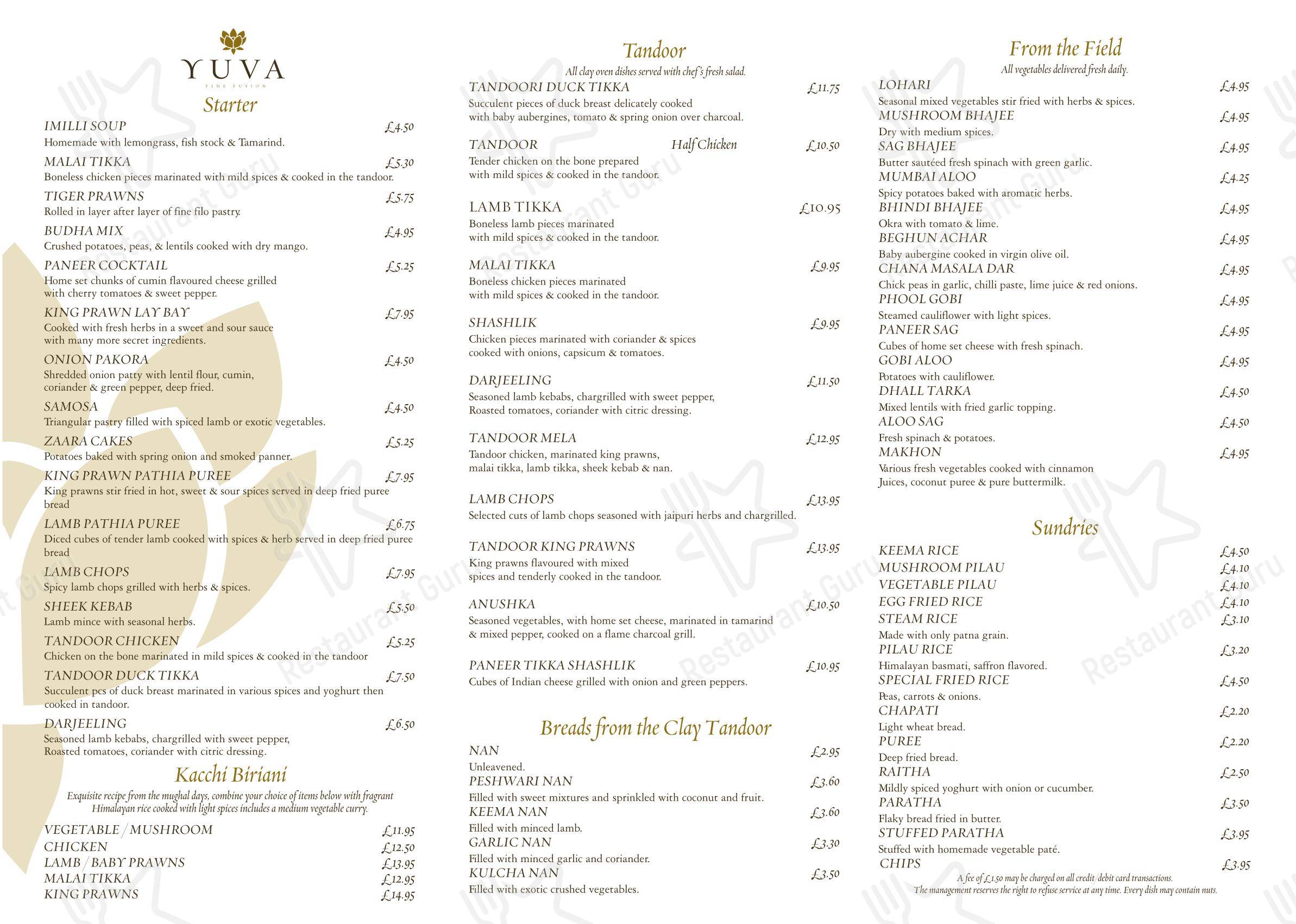 Menu at Yuva Indian & Nepalese Restaurant, Royston