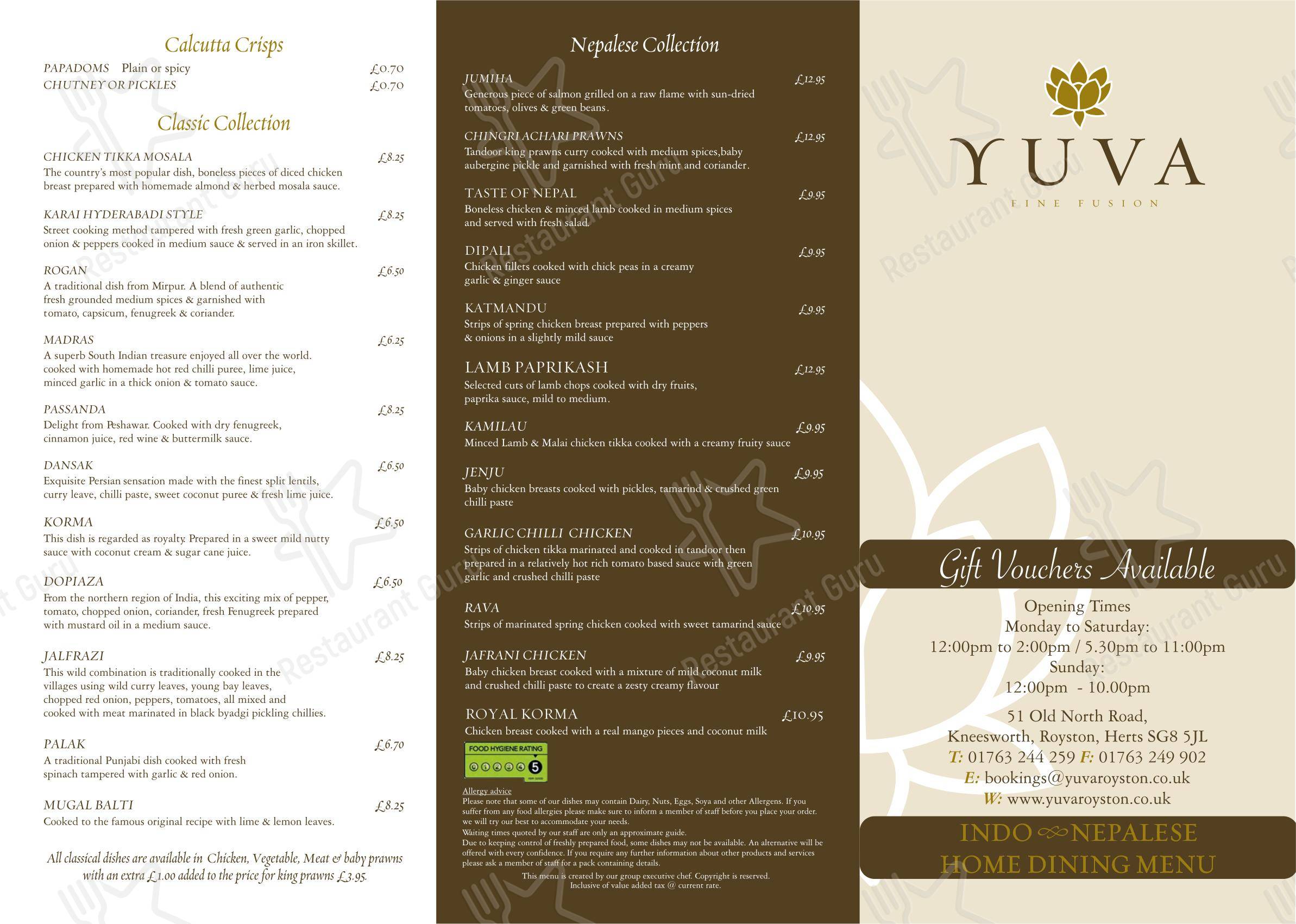 Menu at Yuva Indian & Nepalese Restaurant, Royston