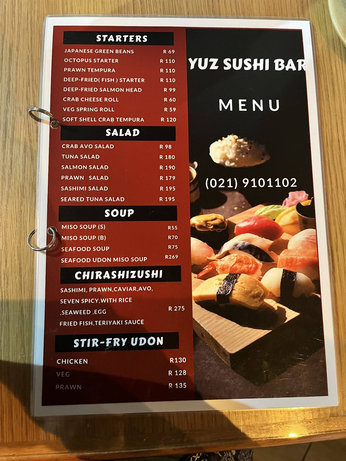 Menu at Yuz Sushi Bar, Cape Town, 3 Waterfront Rd