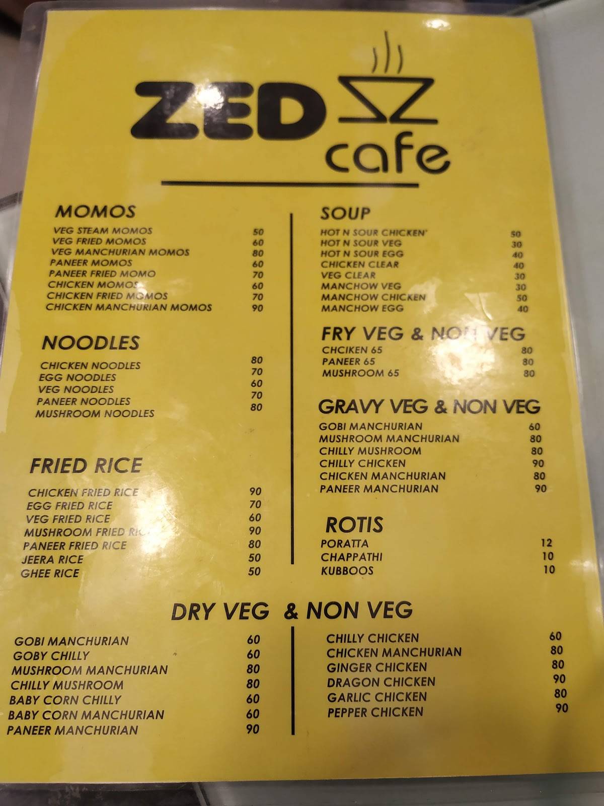 Menu at ZED Café, Bengaluru