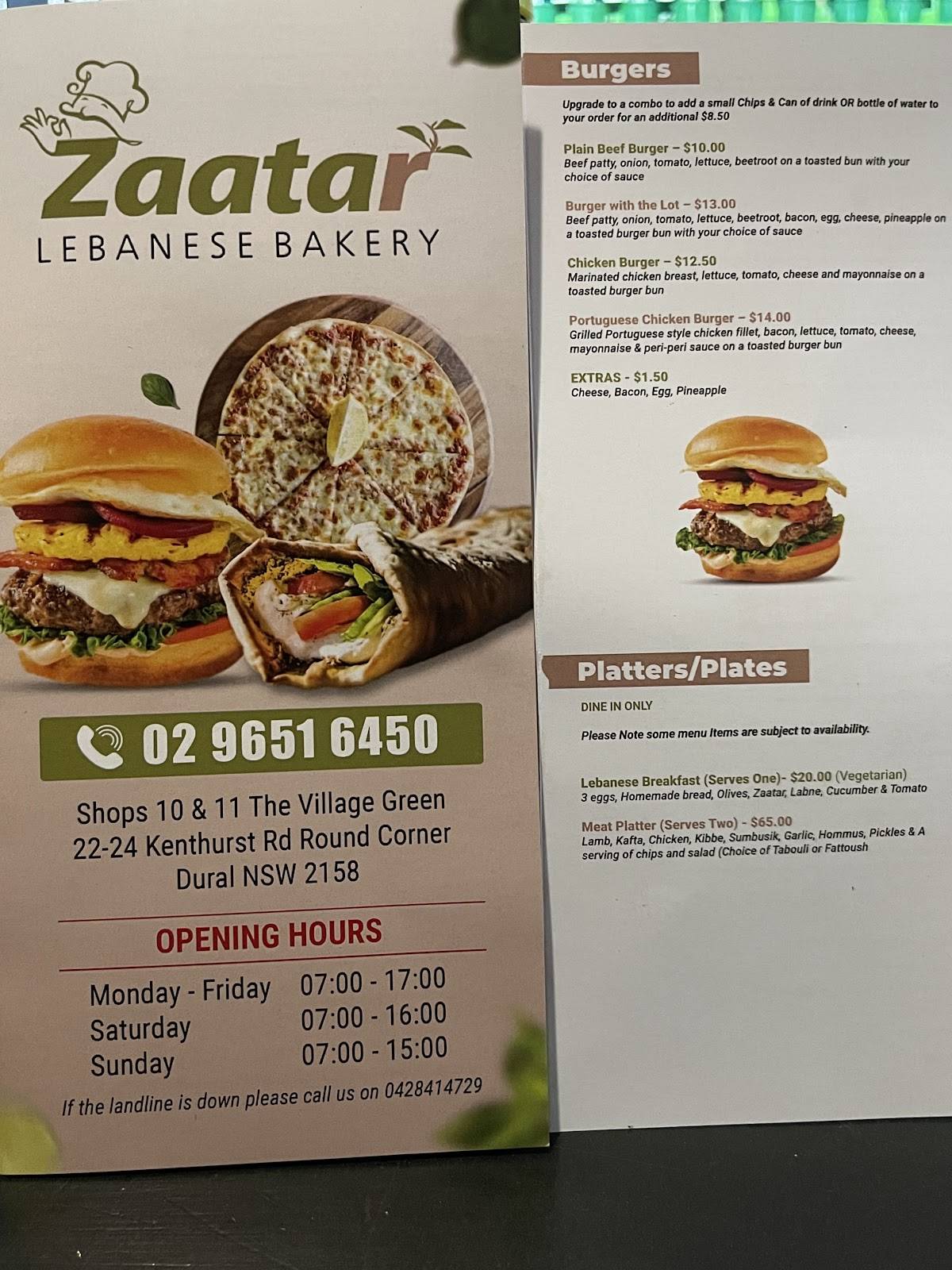 Menu at Zaatar Lebanese Bakery, Dural