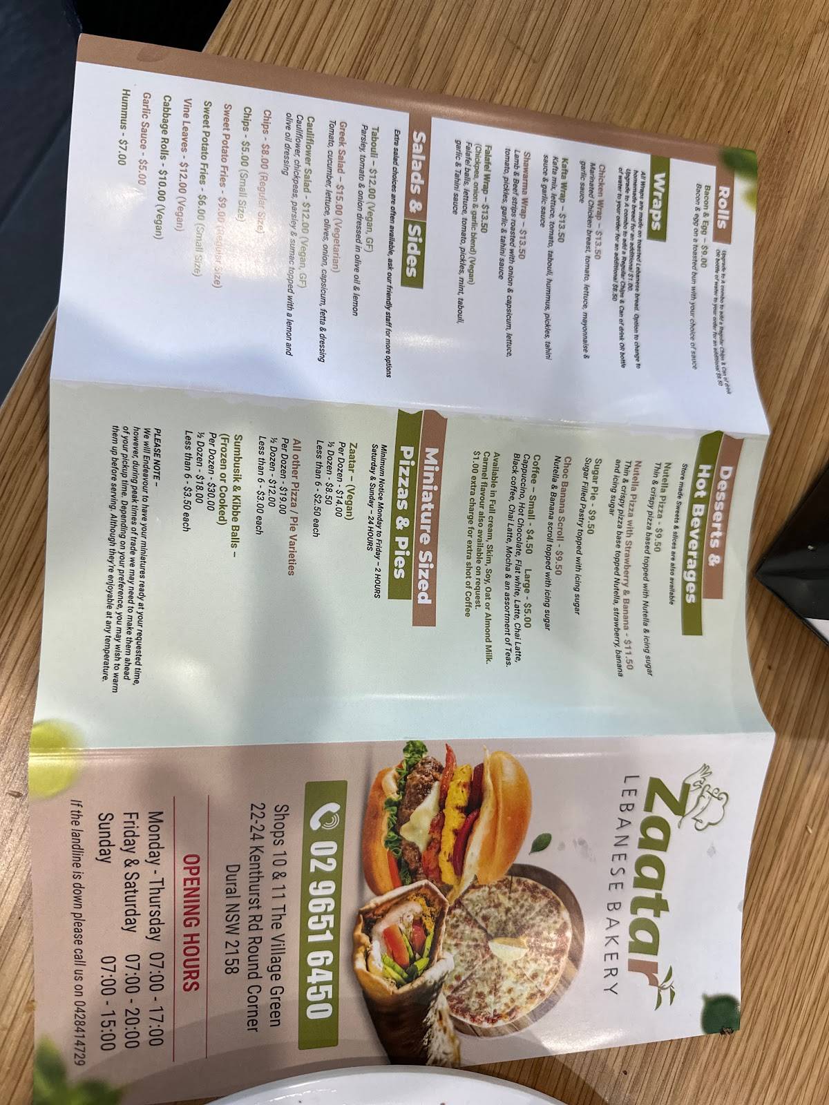 Menu at Zaatar Lebanese Bakery, Dural