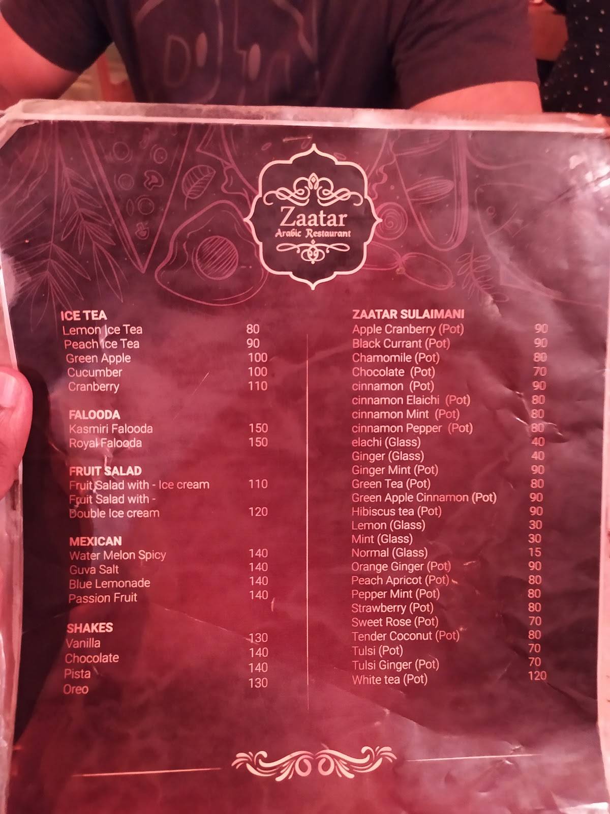 Menu at Zaatar Restaurant, Ernakulam, HB 17