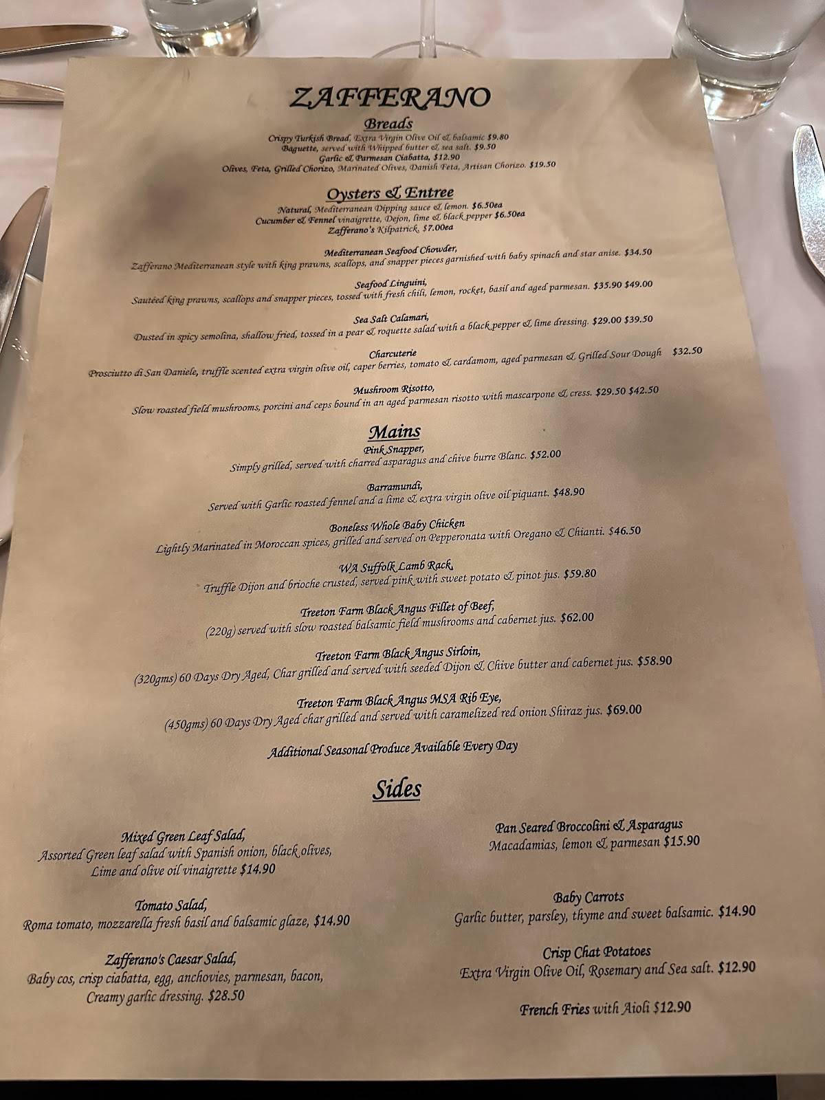Menu at Zafferano Restaurant, Perth, 49 Outram St