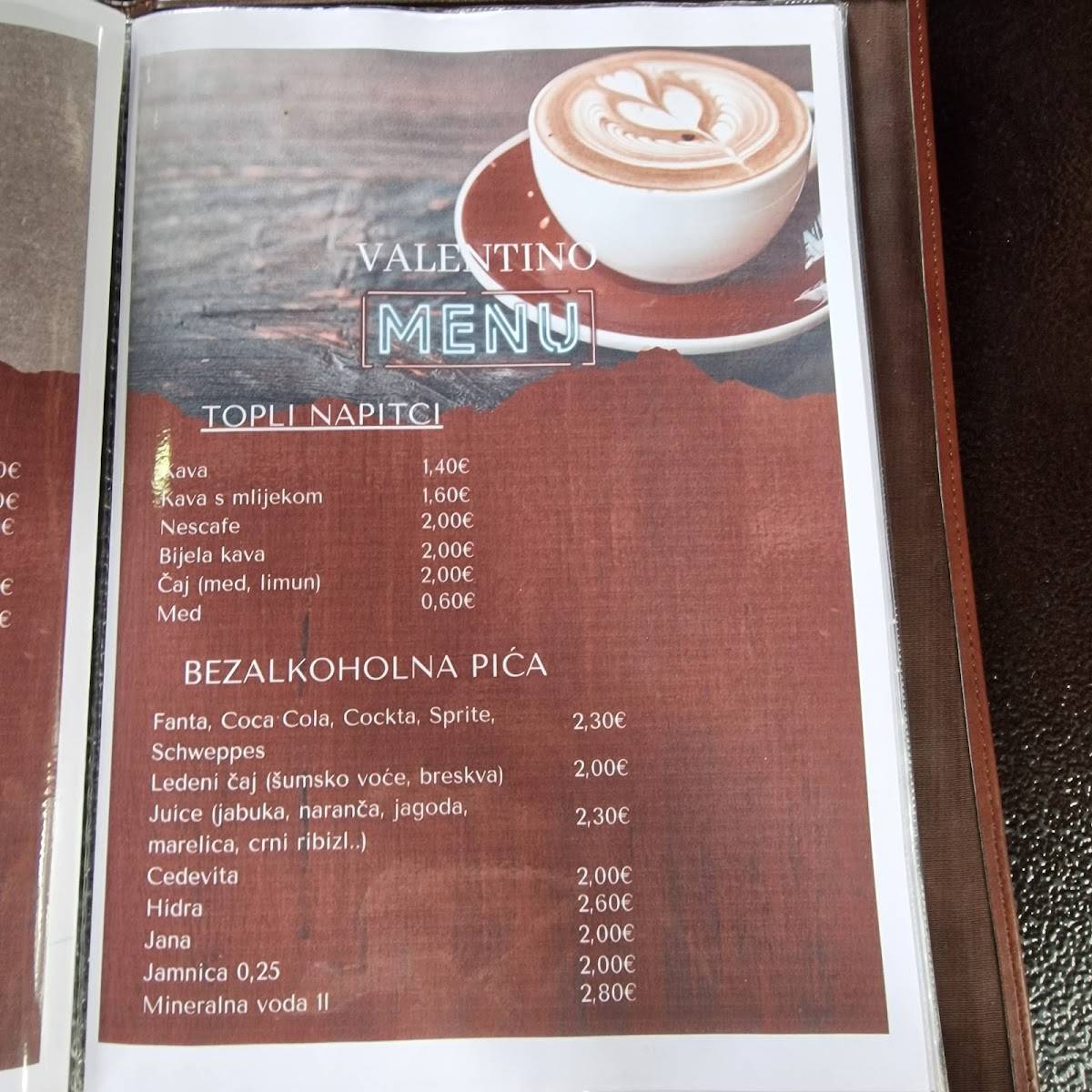 Menu at Valentino restaurant, Zagreb, Vukomerec ul. 16