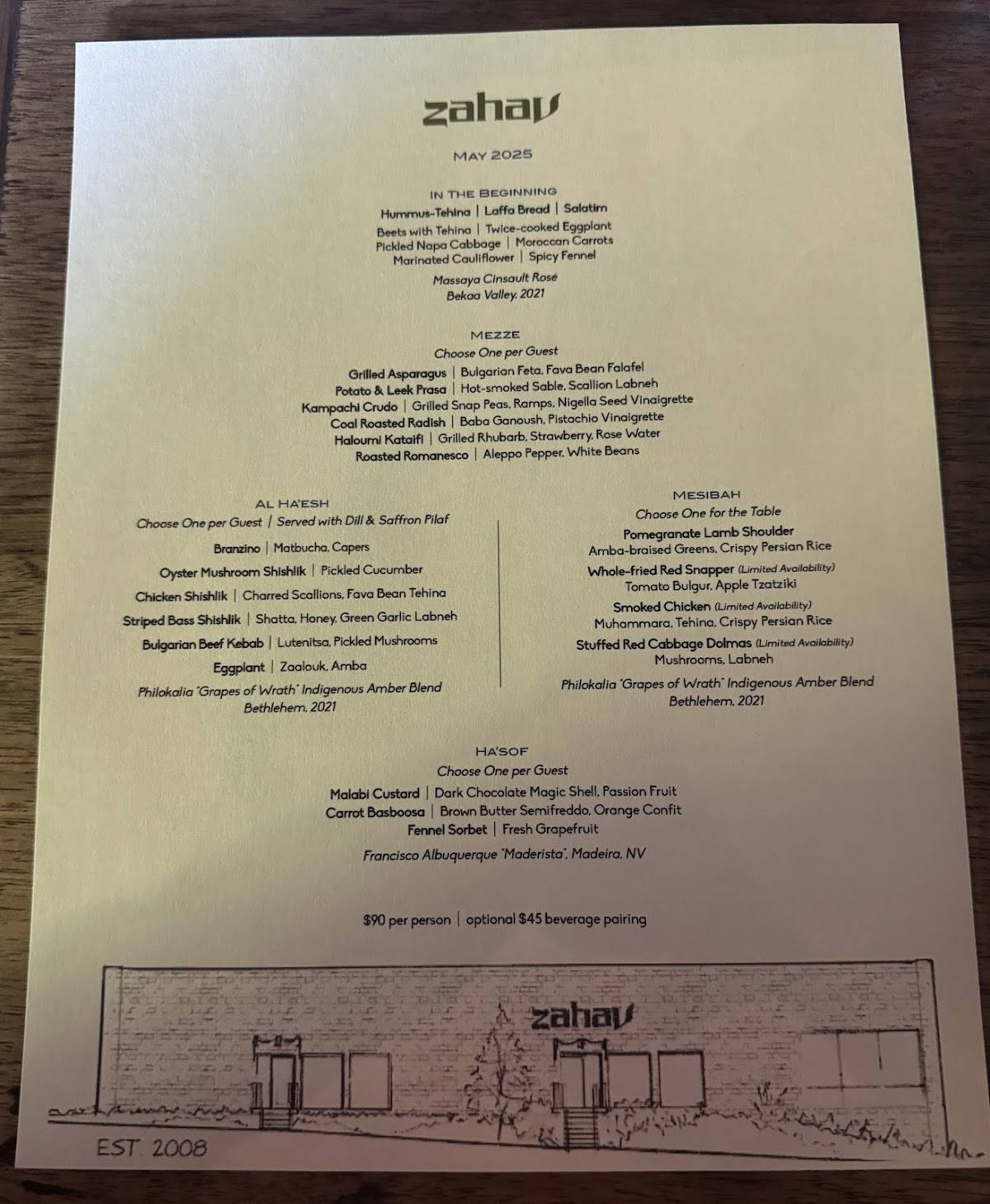Menu at Zahav restaurant, Philadelphia