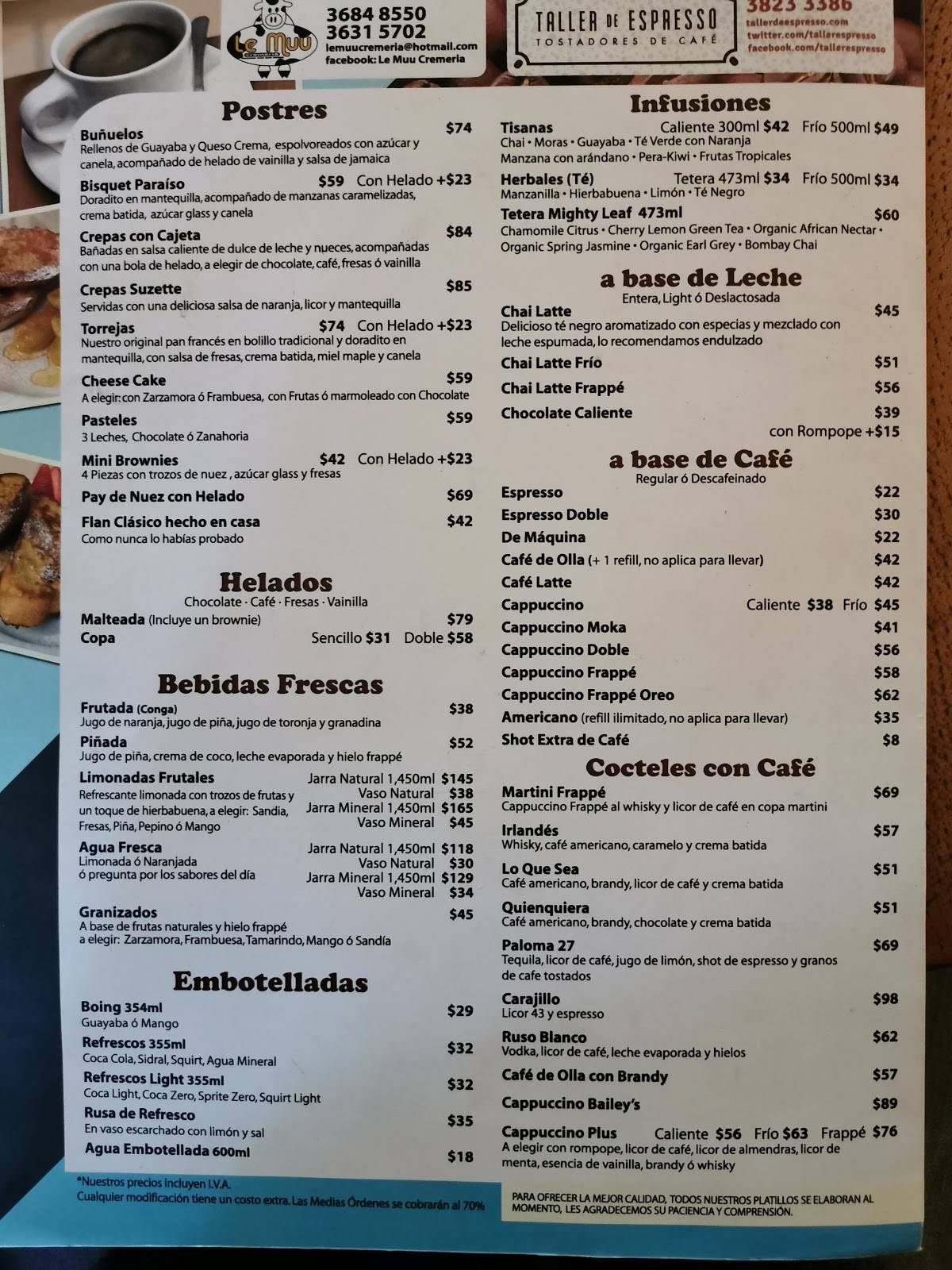 Carta de Café El Colibrí, Zapopan, Av. de Las Fuentes 68