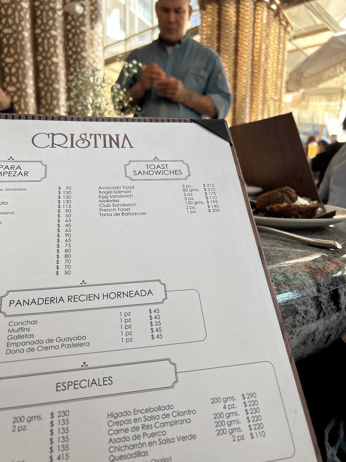 Menu at Cristina restaurant, Zapopan