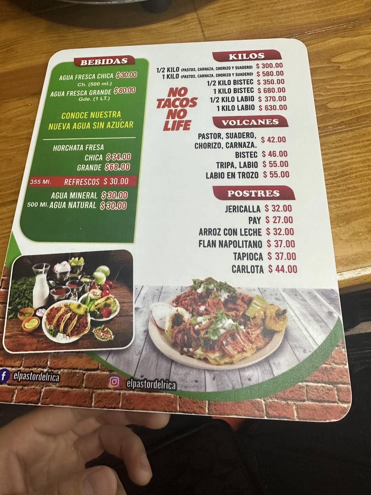 Carta del restaurante El Pastor del Rica, Zapopan