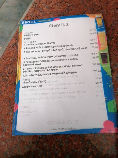 Menu at Zelená Perla restaurant, Prague