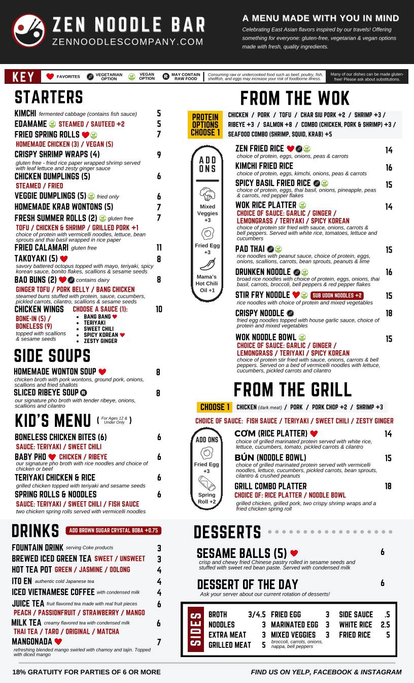 Menu at Zen Noodle Bar Gainesville (34th & Archer), Gainesville, SW ...