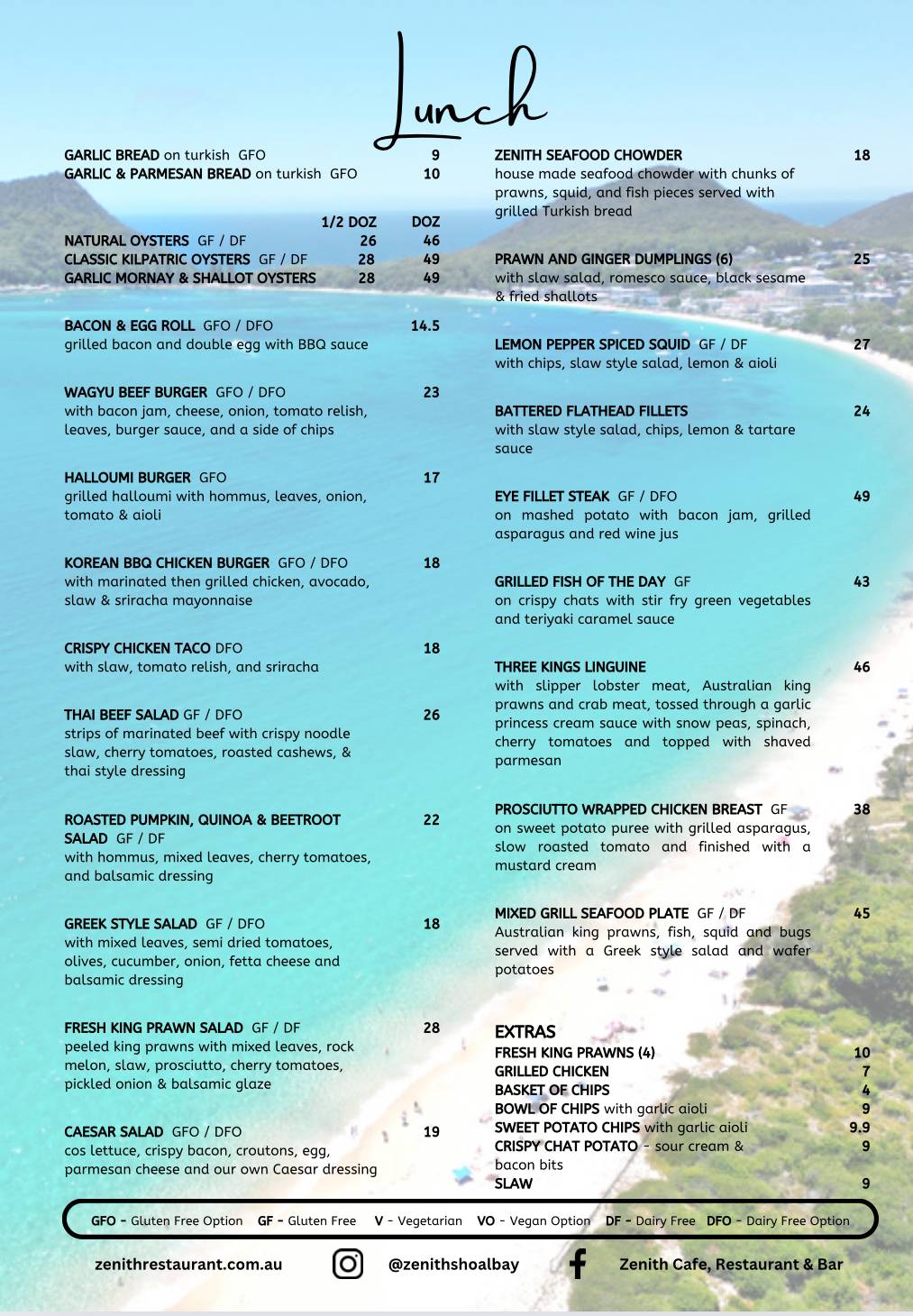 Menu at Zenith Cafe, Restaurant and Bar, Shoal Bay