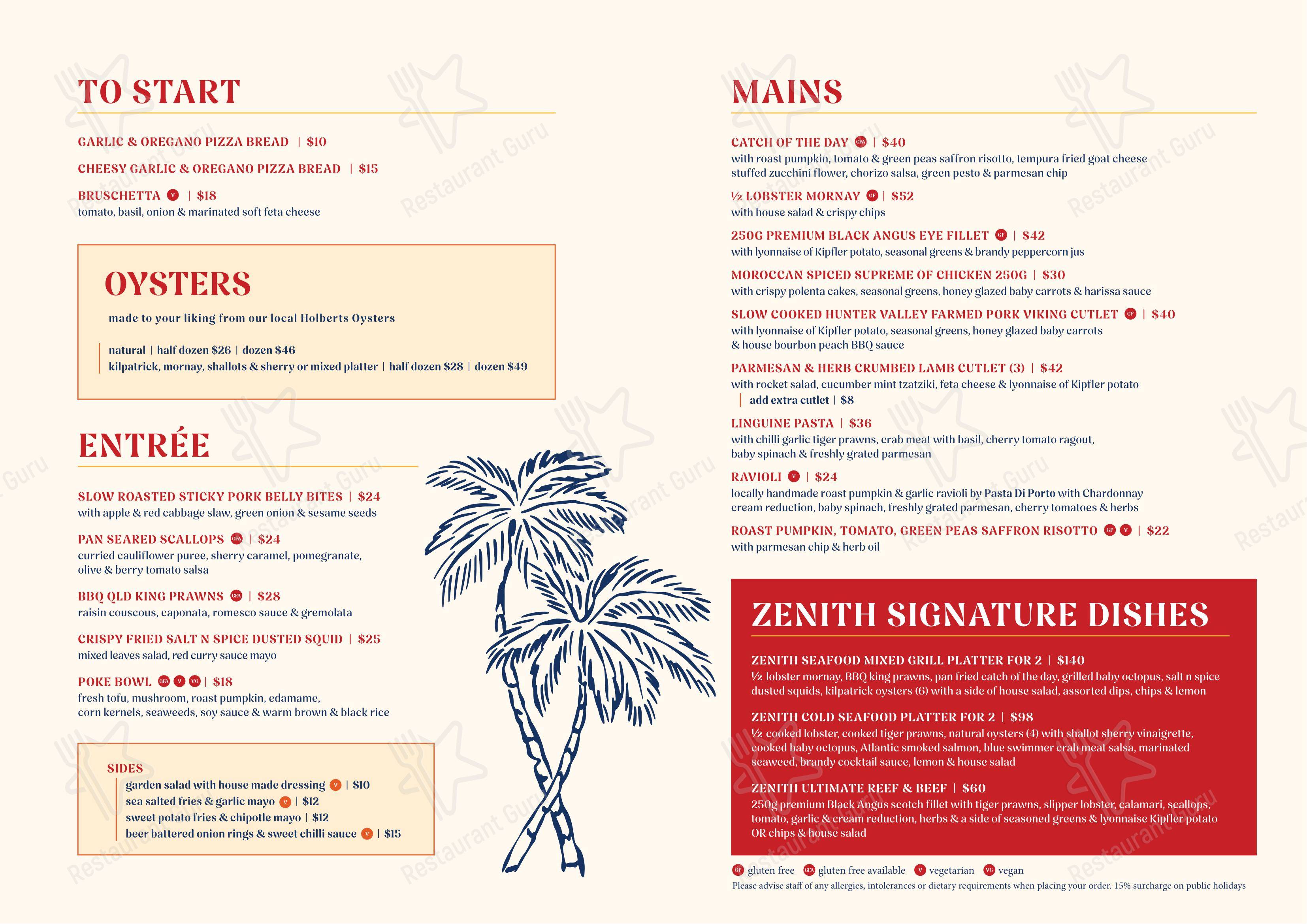 Menu at Zenith Cafe, Restaurant and Bar, Shoal Bay