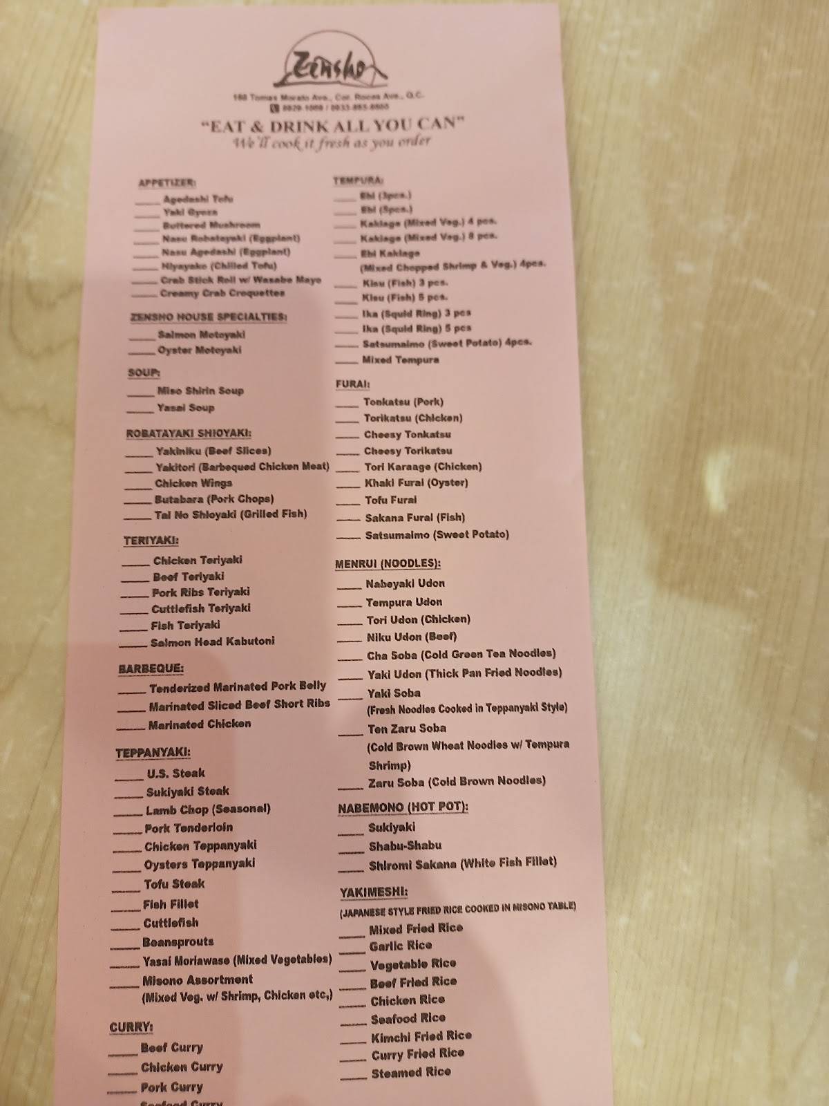Menu at Zensho restaurant, Quezon City, Dallas Square