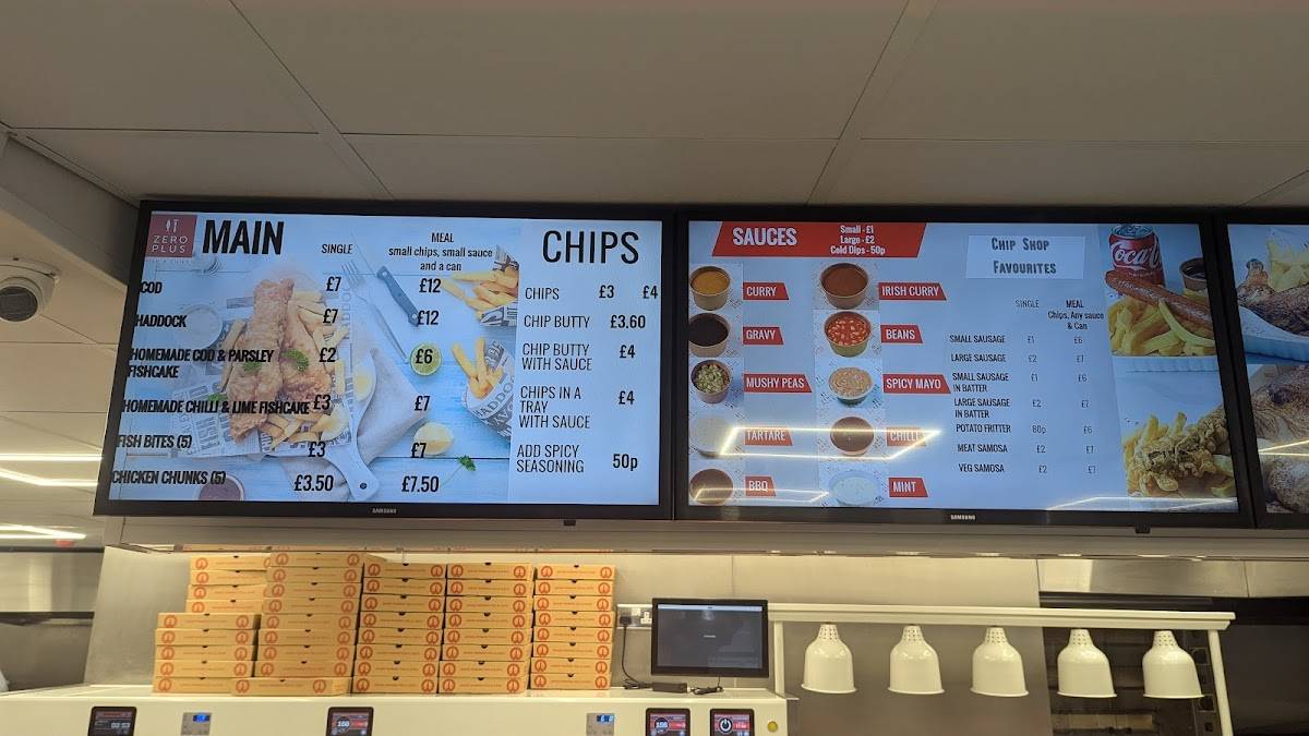 Menu at Zero Plus Fish & Chips restaurant, Cardiff