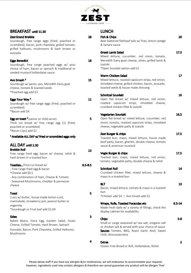 Menu at Zest Licensed Cafe, Ballan