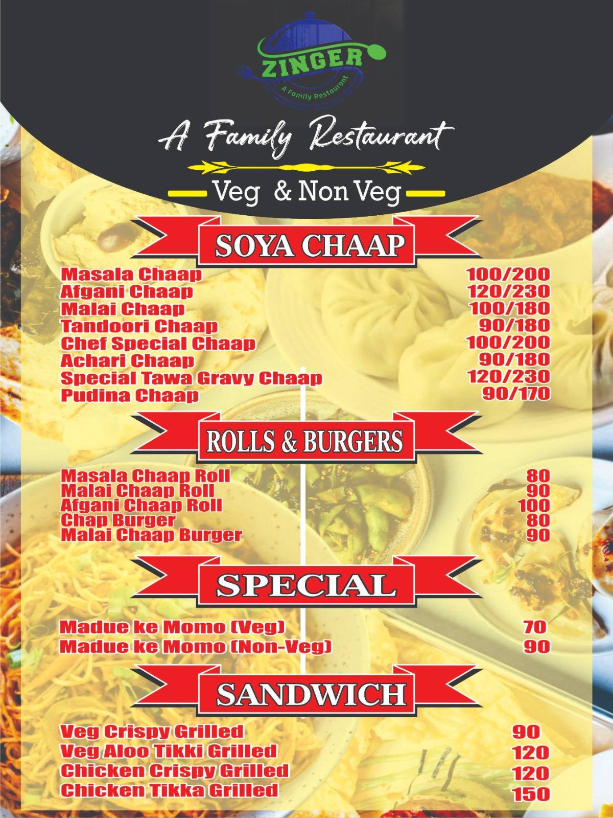 Menu at Zinger A Family Restaraunt, Haldwani
