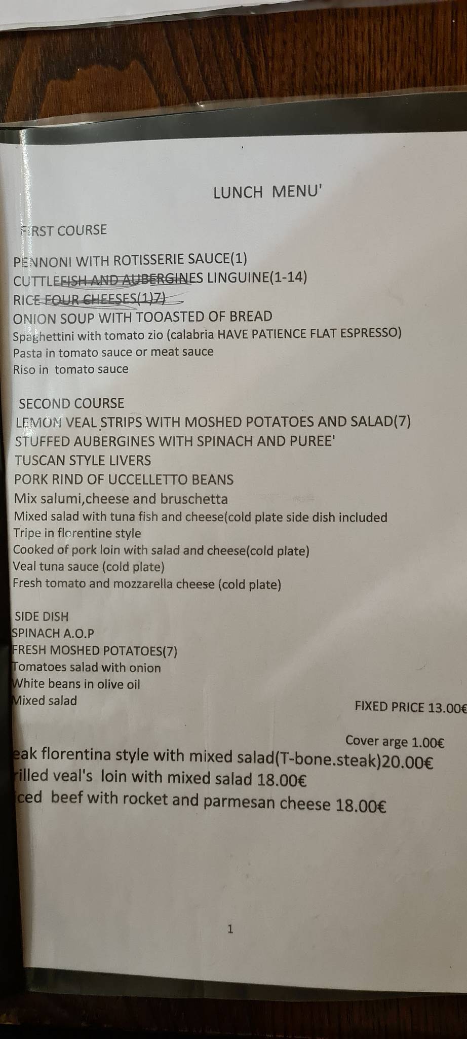 Menu at Zio Gigi restaurant, Florence