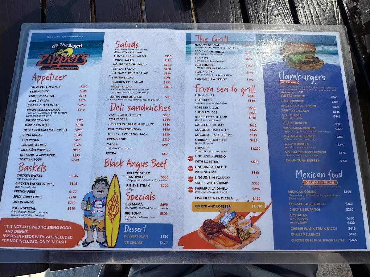 Menu at Zipper's Bar and Grill, San José del Cabo, Carr ...