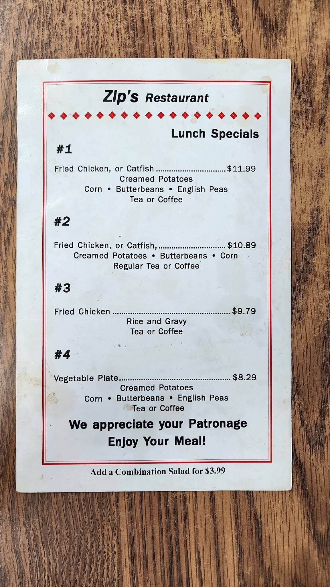 Menu at Zip's Cafe, Magee