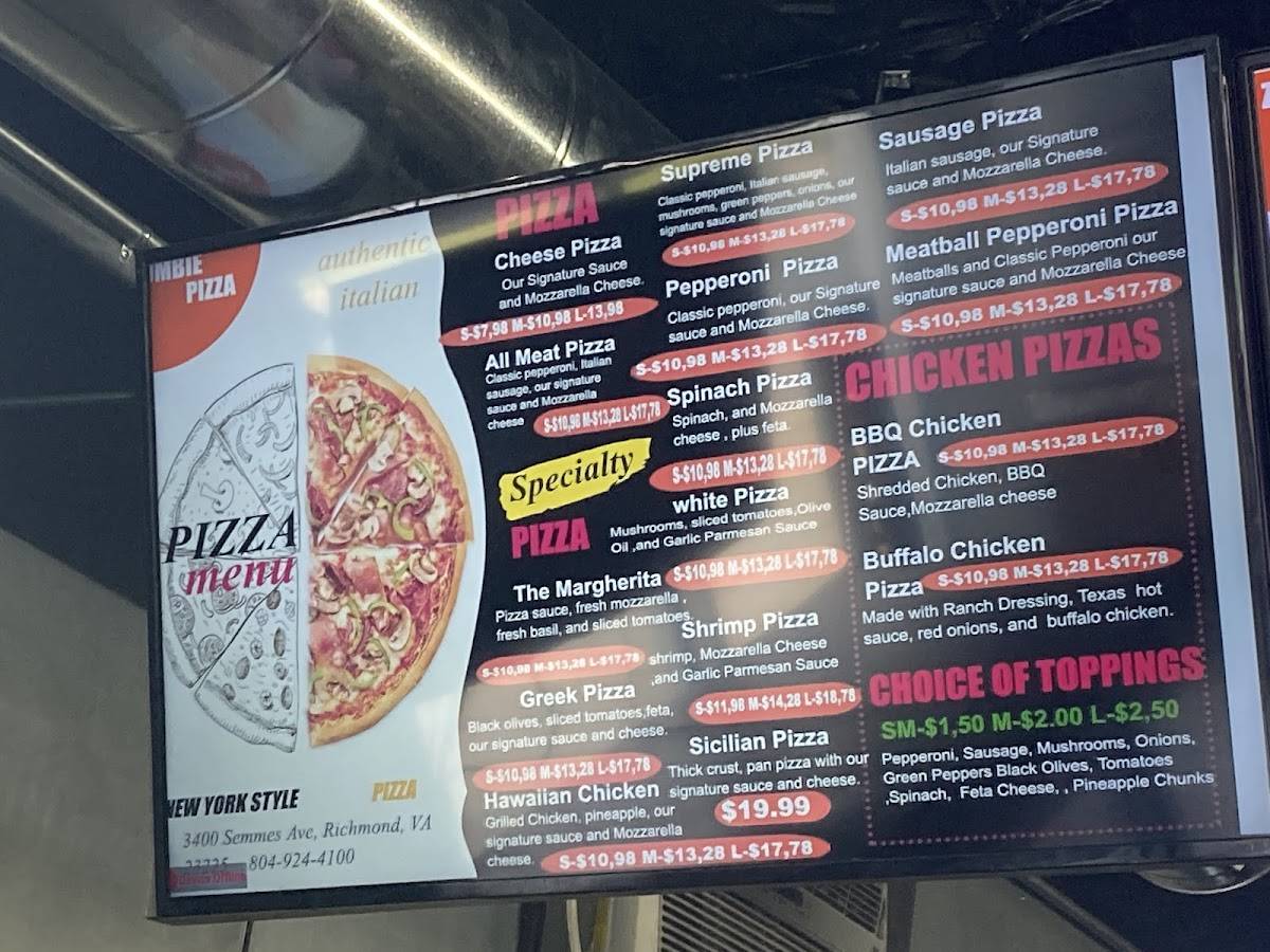 Menu at Zombie Pizza pizzeria, Richmond