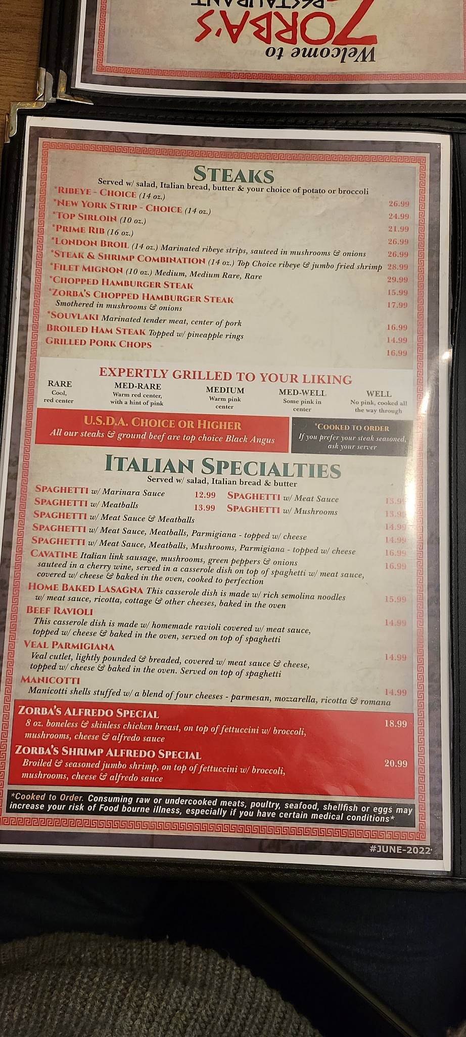 Menu at Zorba's restaurant, Cedartown
