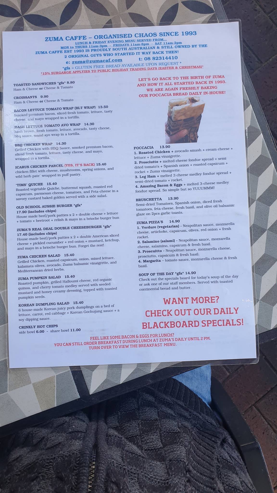 Menu at Zuma Caffe restaurant, Adelaide