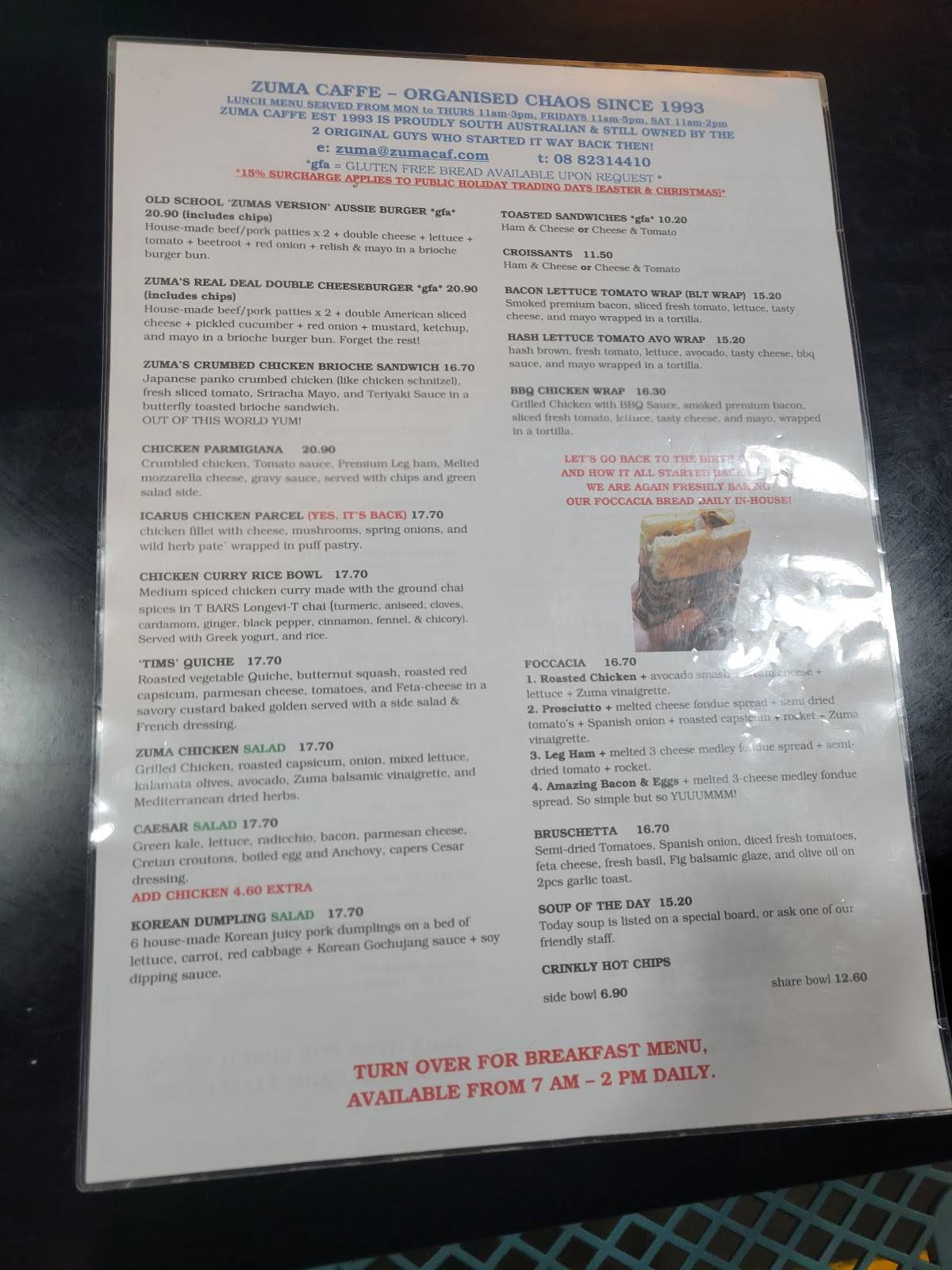 Menu at Zuma Caffe restaurant, Adelaide