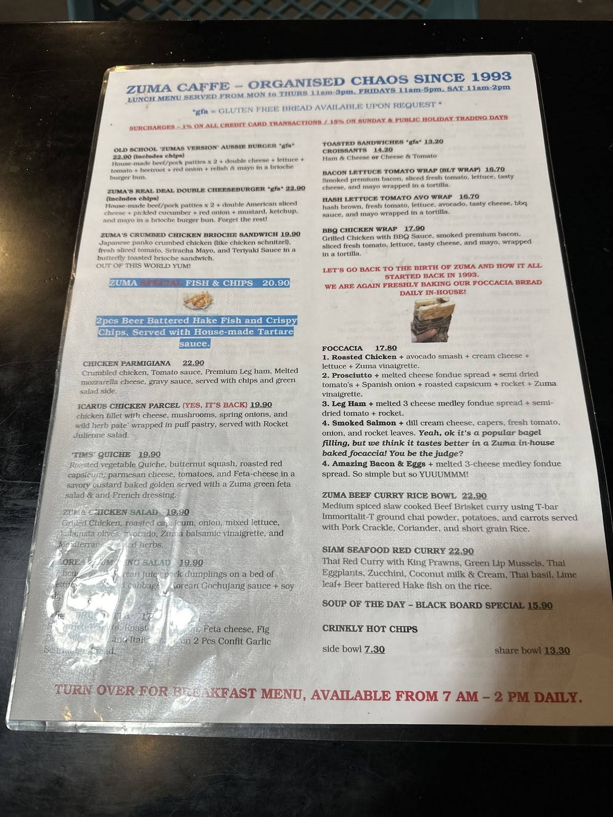 Menu at Zuma Caffe restaurant, Adelaide