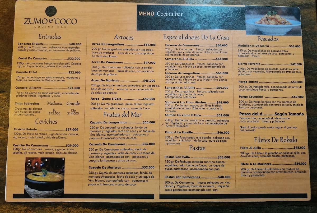 Carta del restaurante Zumo e' coco, Coveñas