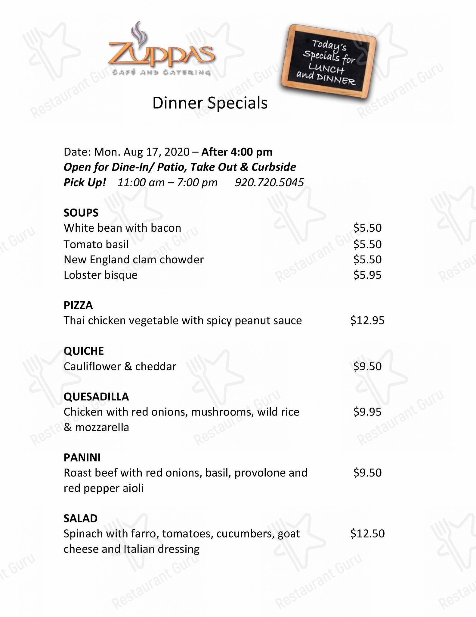 Menu at Zuppas Café & Catering cafe, Neenah, S Commercial St