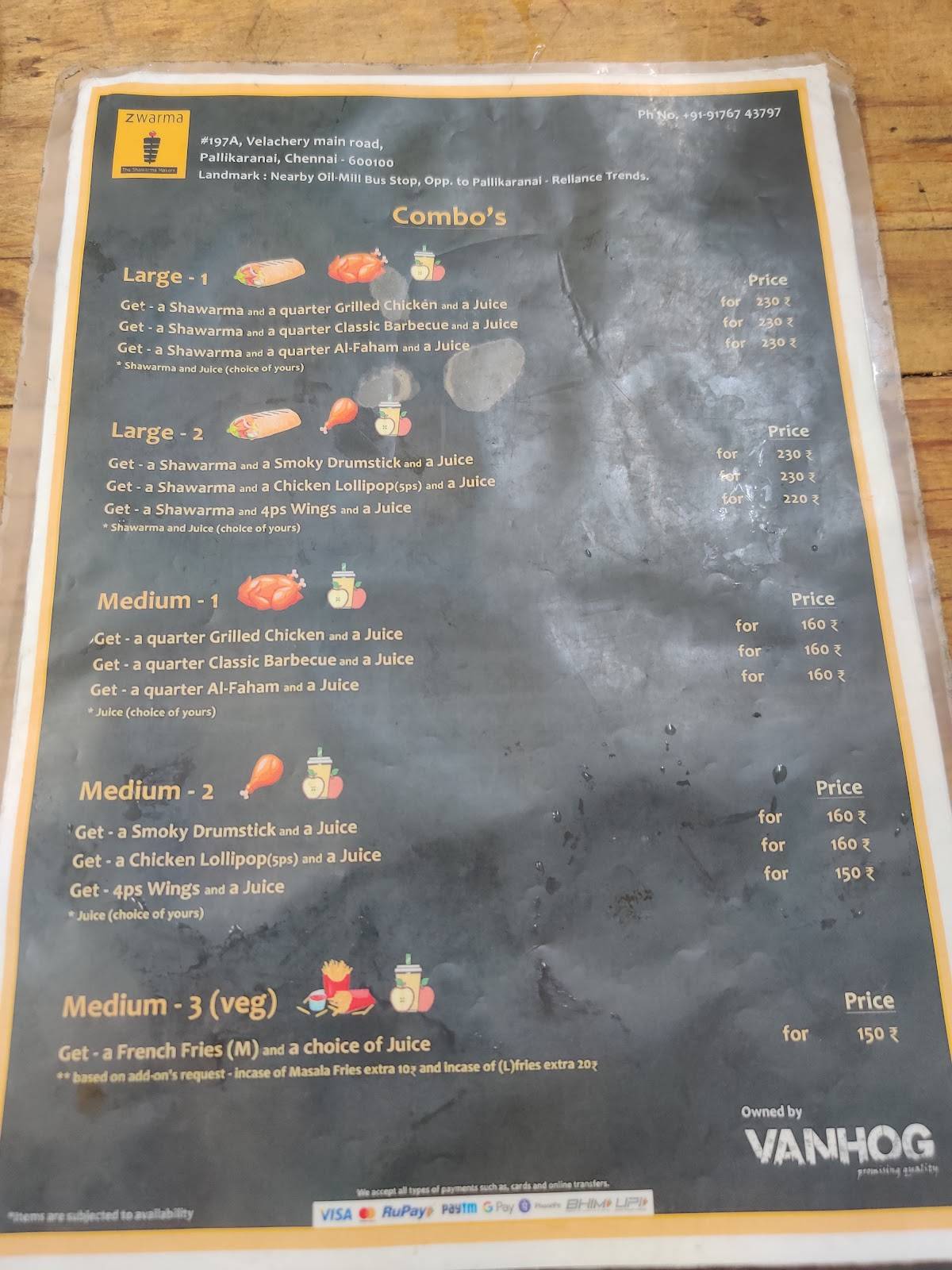 Menu at Zwarma, Chennai, Landmark