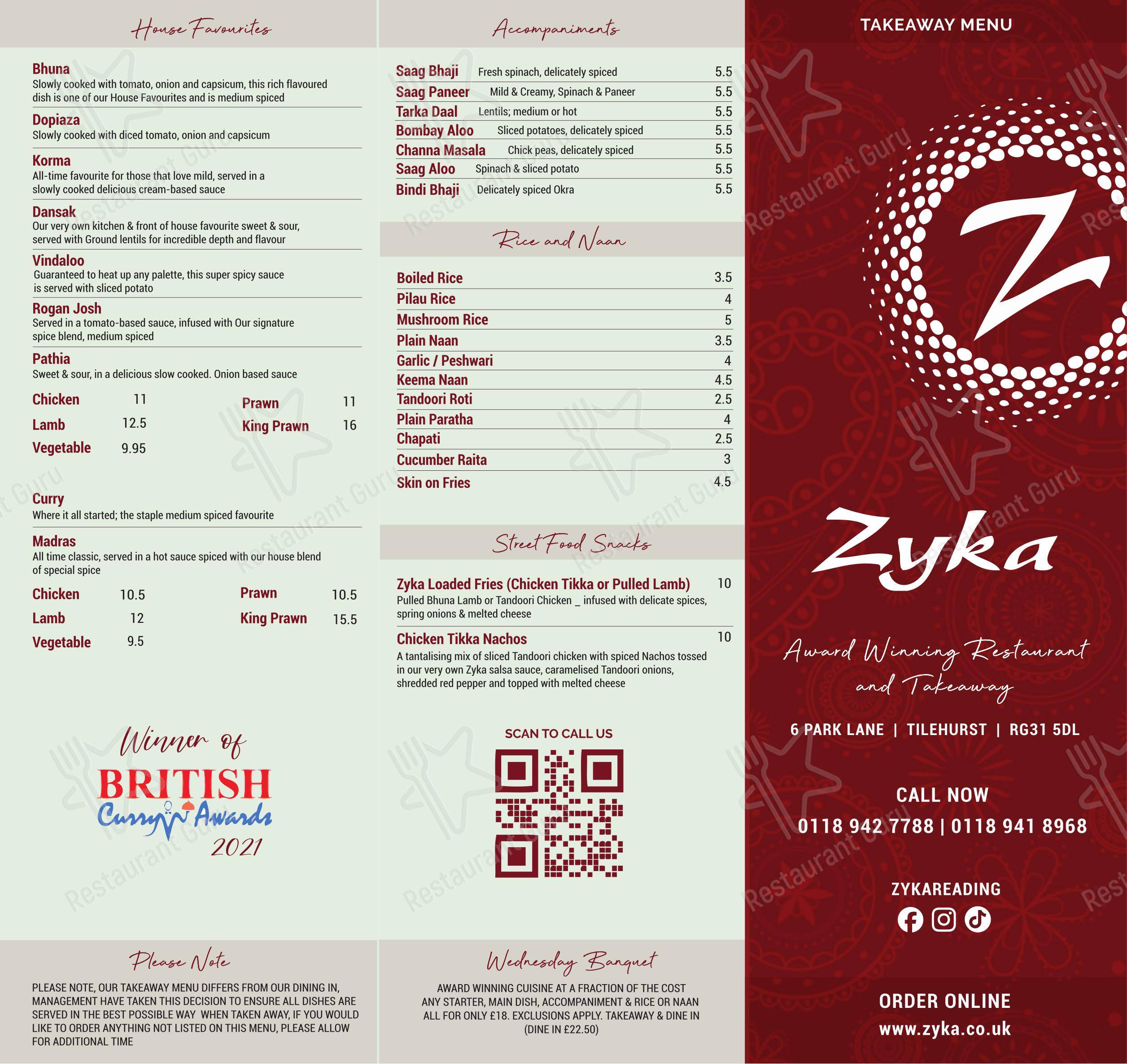 Menu at Zyka restaurant, Reading