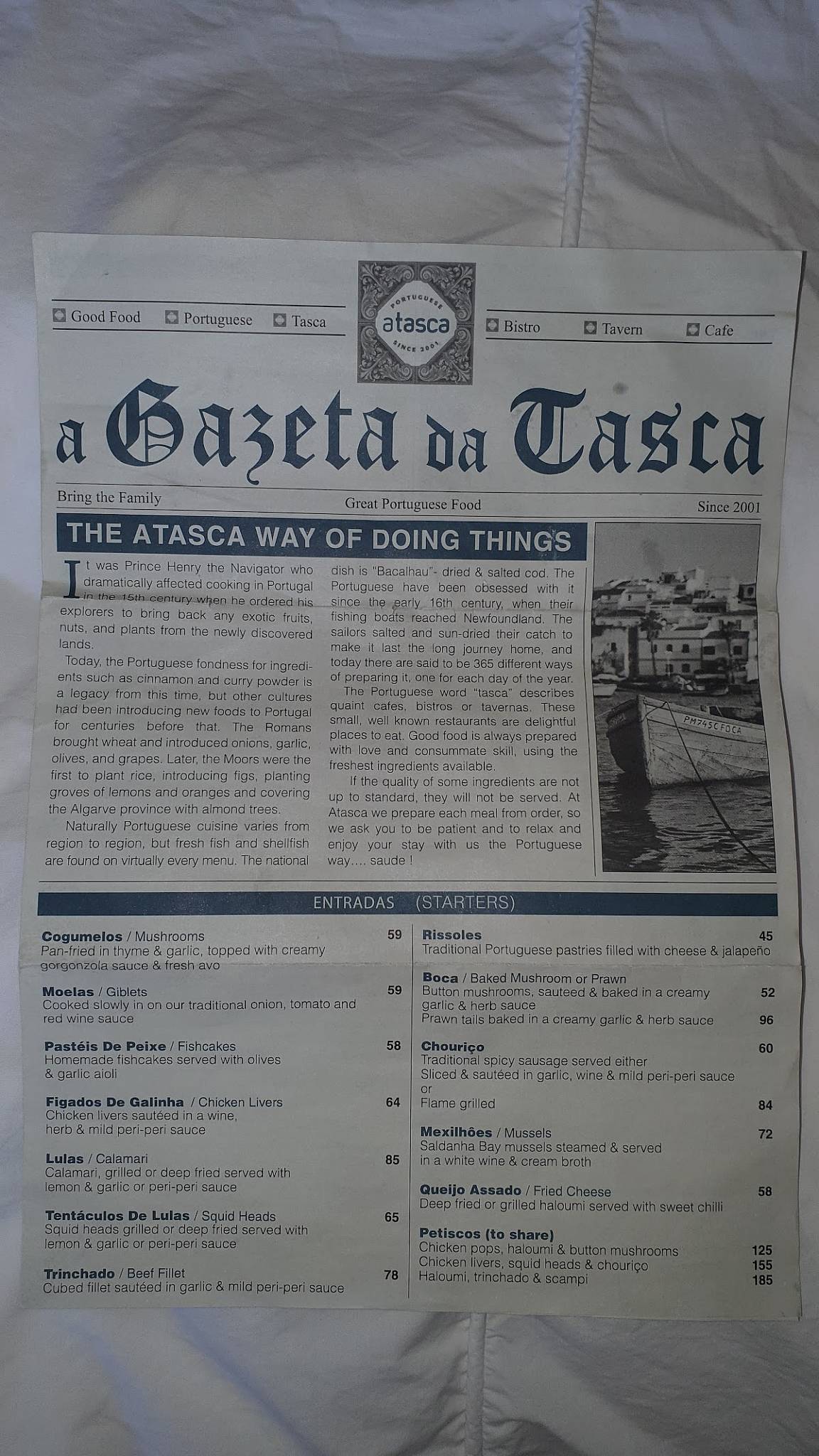 Menu at atasca Portuguese Restaurant PMB, Pietermaritzburg