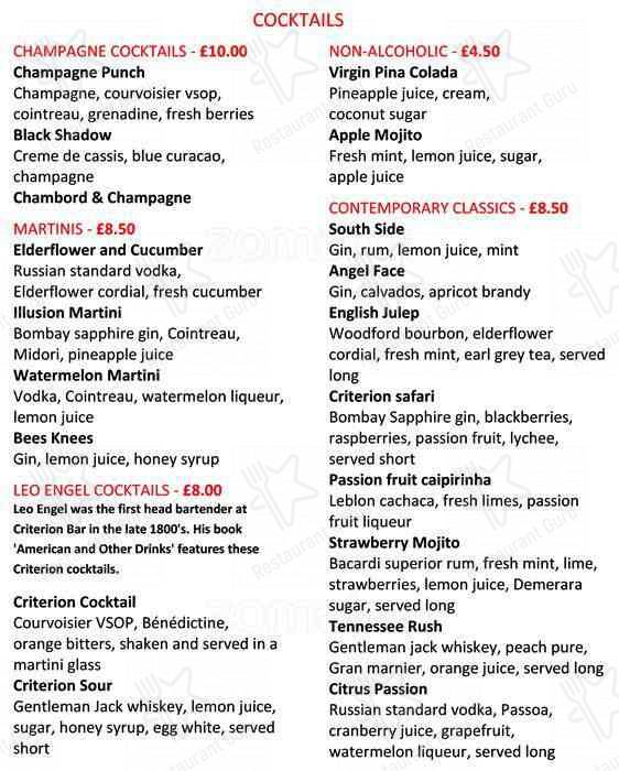 Menu at Criterion Restaurant, London, 224 Piccadilly