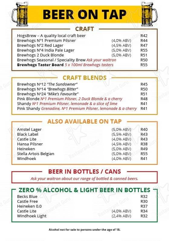 Menu at Hogshead Rock Cottage pub & bar, Johannesburg, Rock Cottage ...