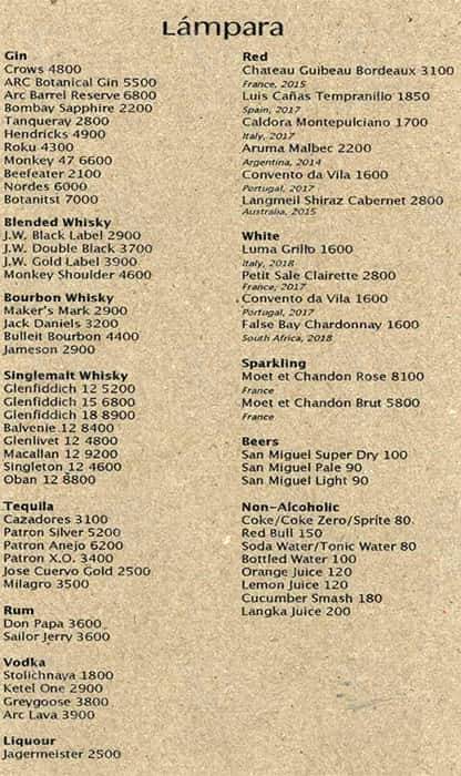 Menu at Lampara restaurant, Makati