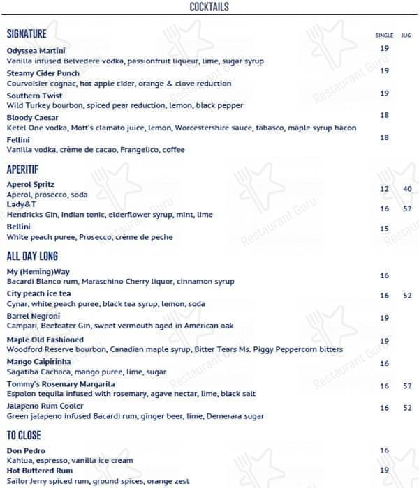 Menu at Odyssea restaurant, City Beach