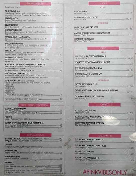 Menu at Pink. The Restaurant, Melbourne