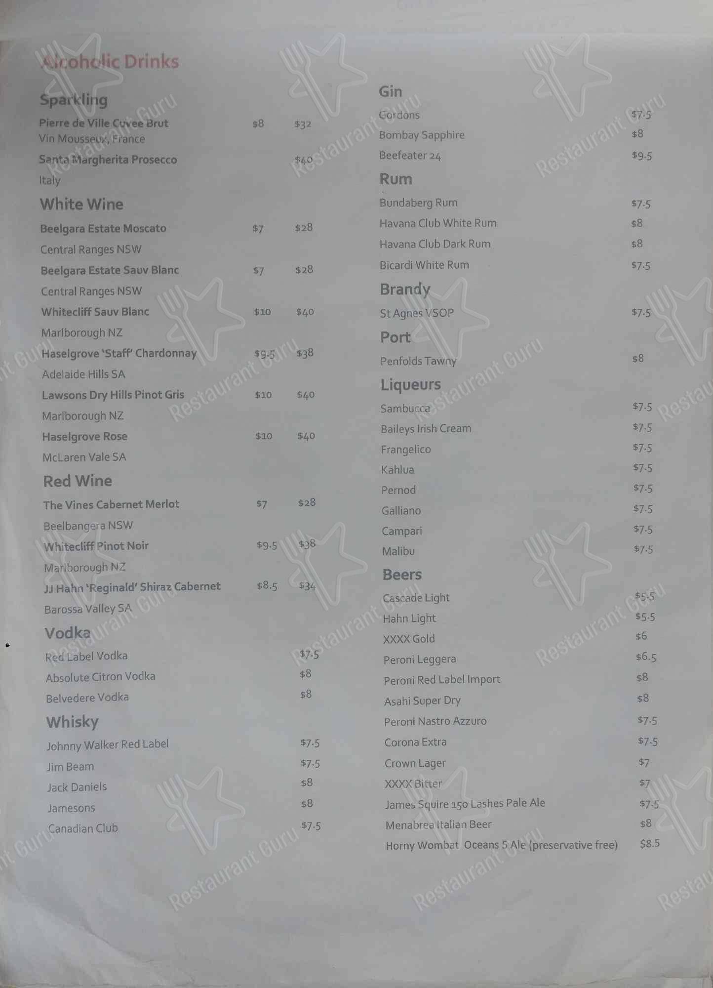 Menu at Preece's restaurant, Redcliffe