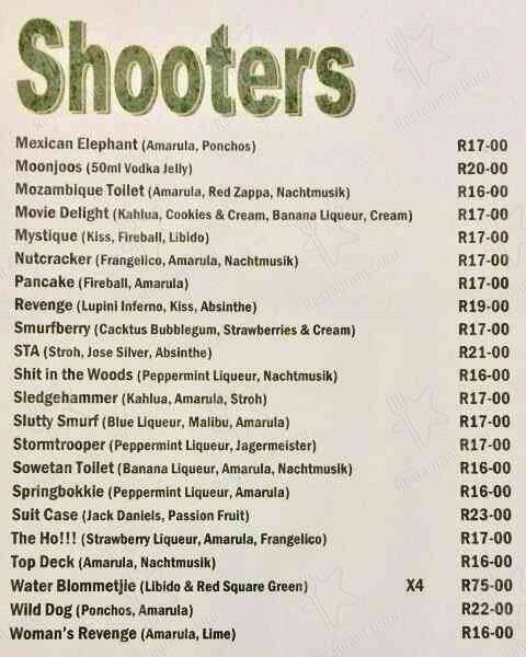 Menu at Springbok Bar, Pretoria, 495 Hilda St