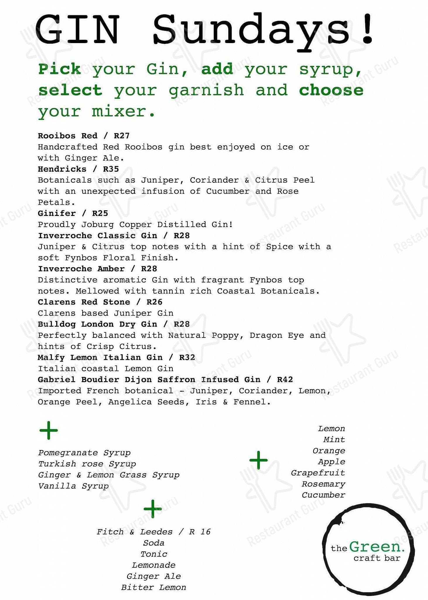 Menu at The Green Craft Bar, South Africa, Modderfontein Golf Club