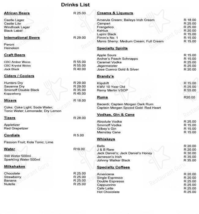 Menu at The Hyde Hotel restaurant, Cape Town