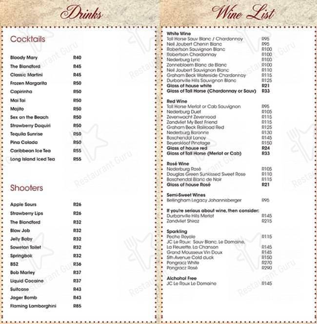 Menu at The Wild Goose Cafe Restaurant, Randburg