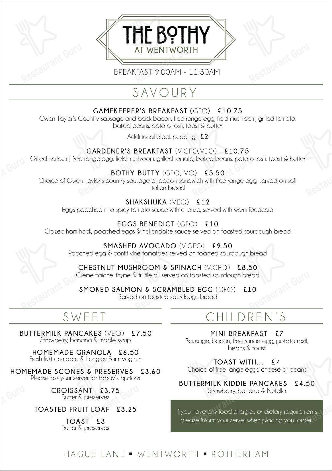 Menu at The Bothy restaurant, Rotherham