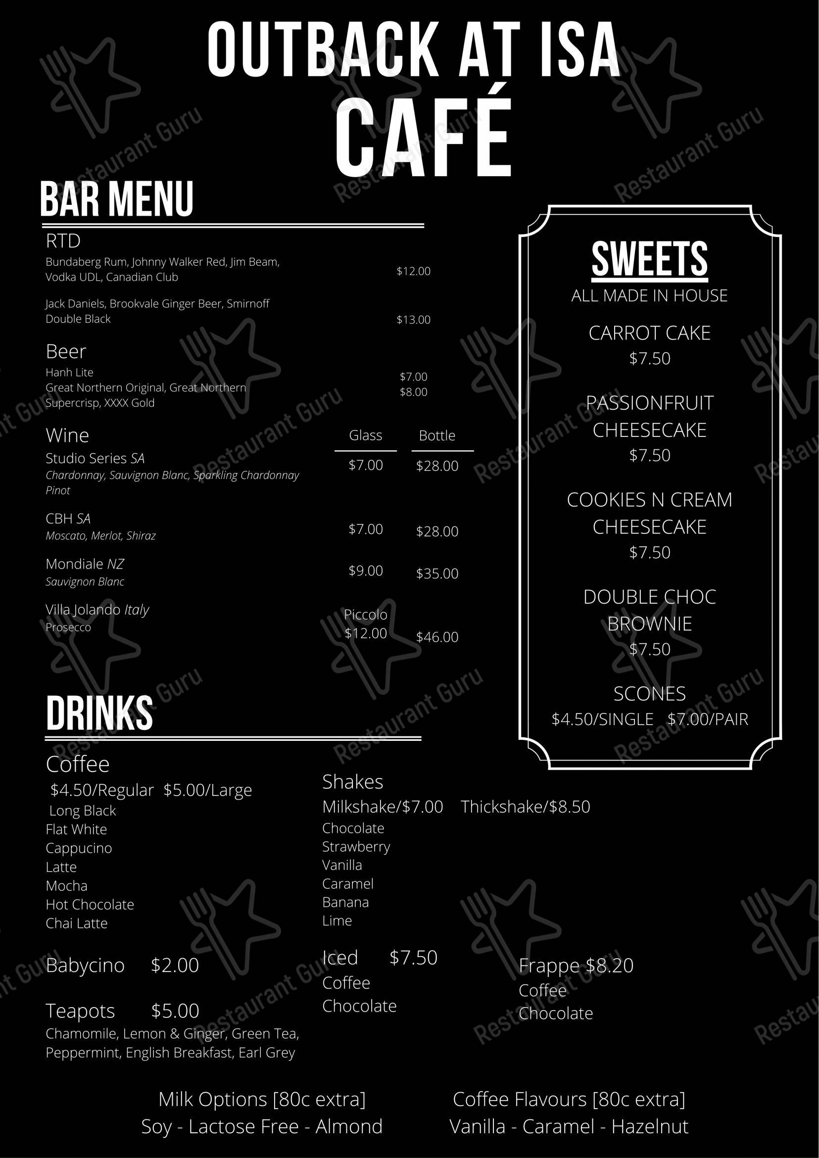Menu at Outback at Isa cafe, The Gap