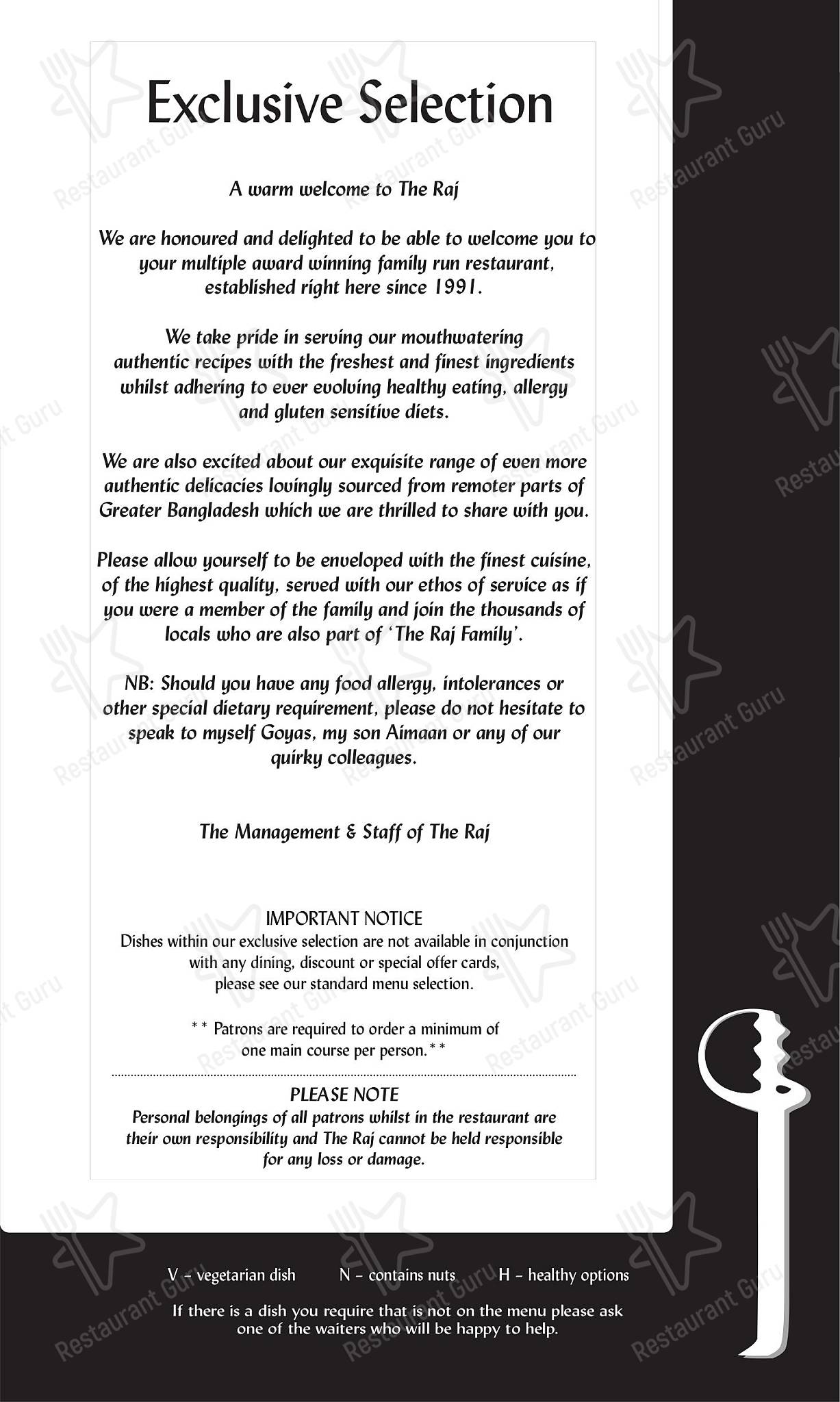 Menu at The Raj Restaurant, Kettering