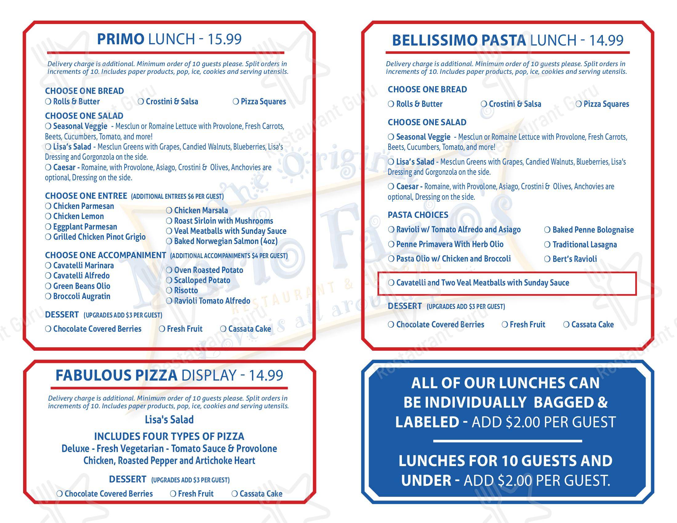 Menu at The Original Mario Fazios restaurant, Willoughby Hills