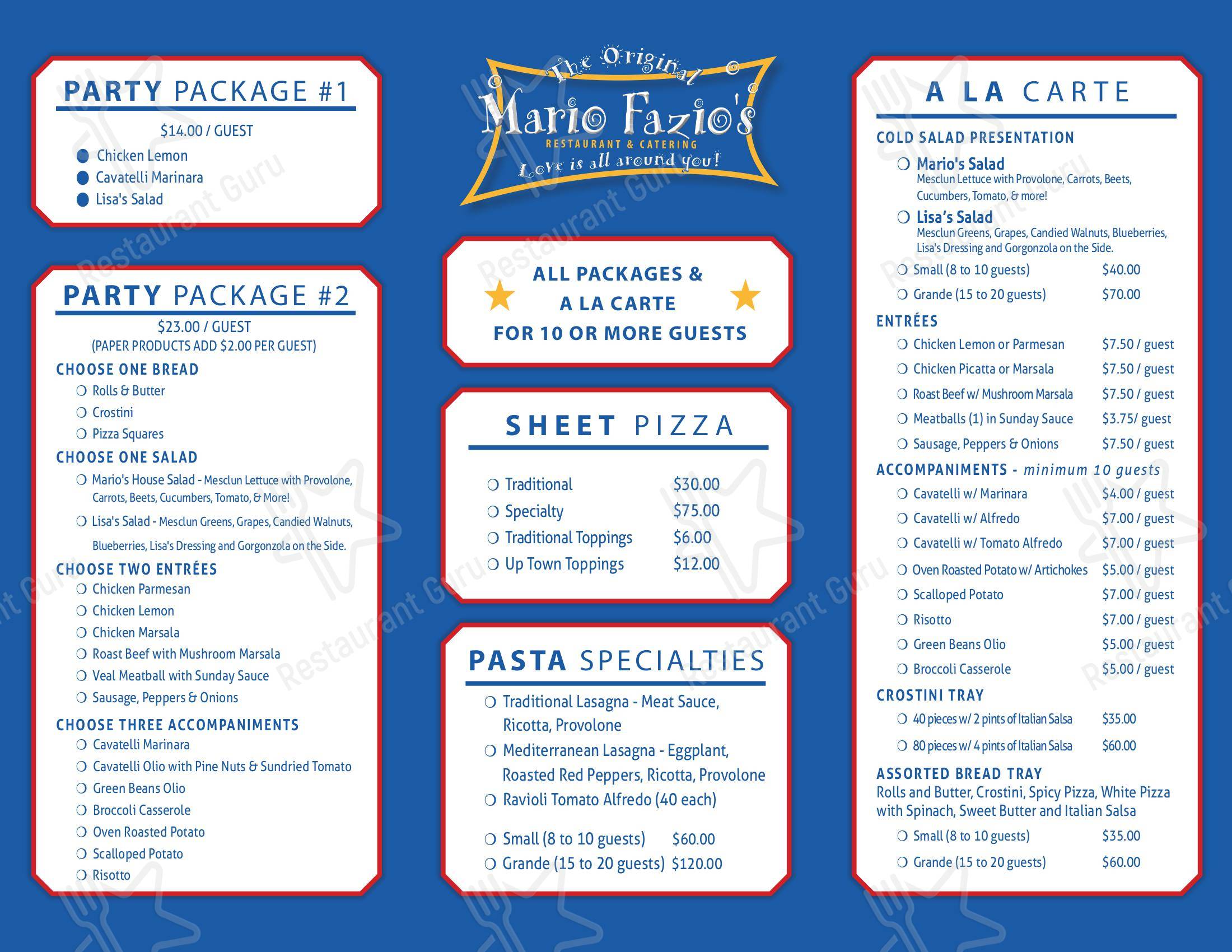 Menu at The Original Mario Fazios restaurant, Willoughby Hills